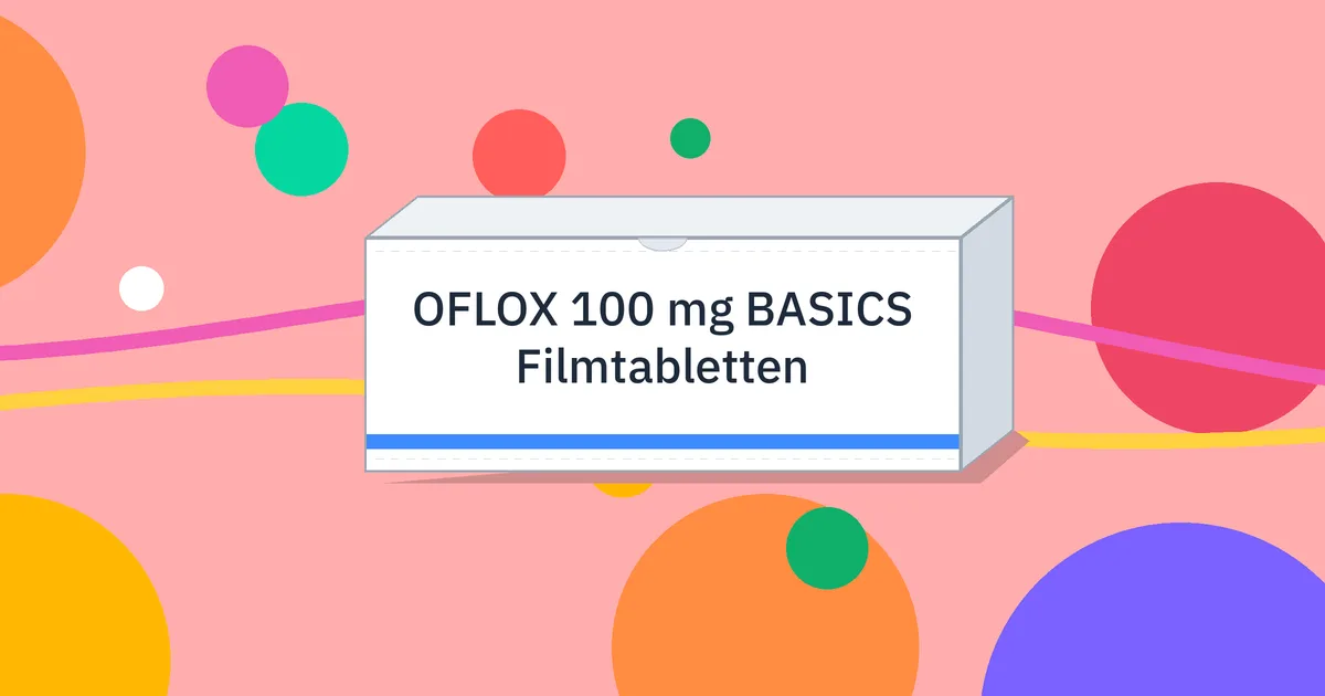Symbolbild: Packung mit der Aufschrift OFLOX 100 mg BASICS Filmtabletten (PZN 01661689) – Verfügbarkeit und Bezug in Apotheken in Frankfurt am Main