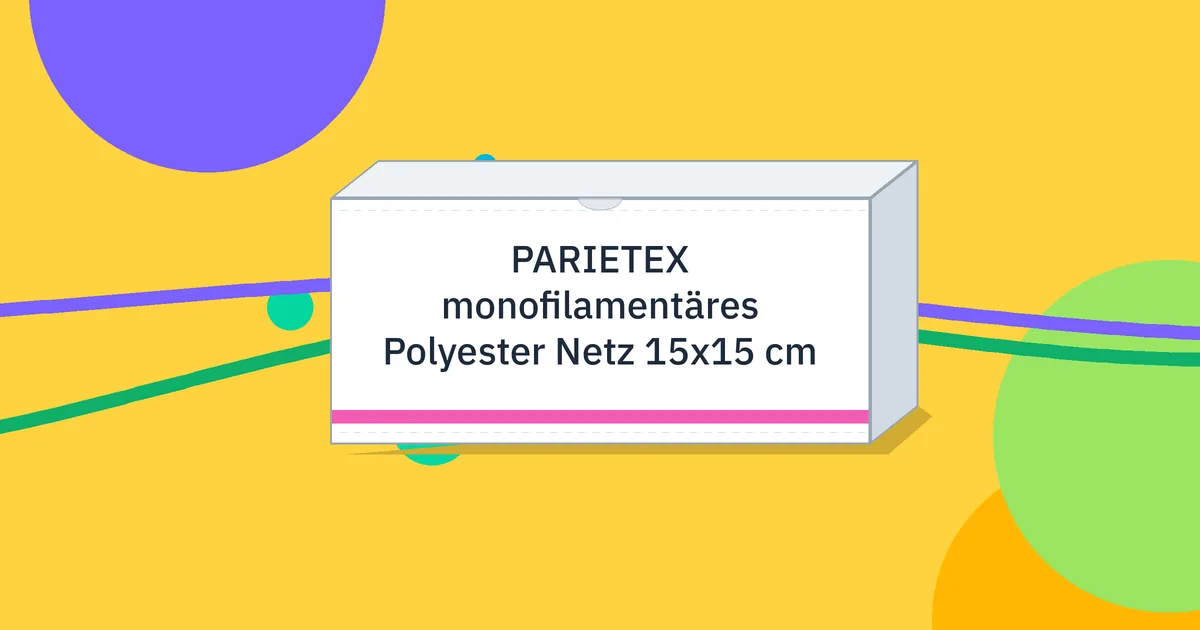 Symbolbild: Packung mit der Aufschrift PARIETEX monofilamentäres Polyester Netz 15x15 cm (PZN 07602972) – Verfügbarkeit und Bezug in Apotheken in Frankfurt am Main