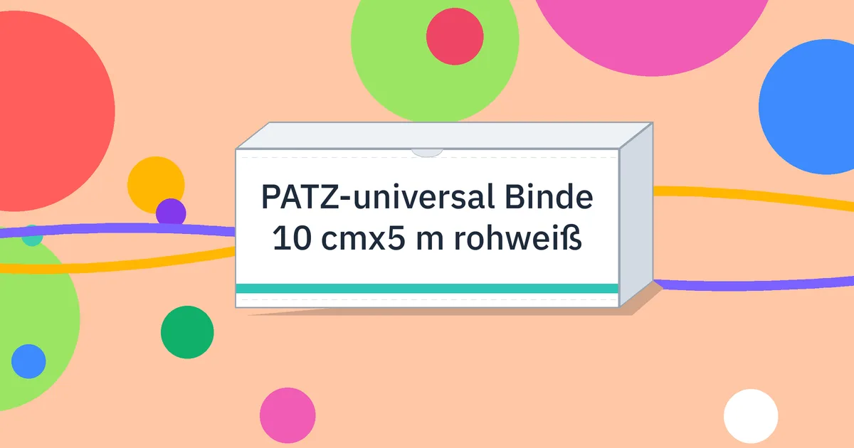 Symbolbild: Packung mit der Aufschrift PATZ-universal Binde 10 cmx5 m rohweiß (PZN 06813773) – Verfügbarkeit und Bezug in Apotheken in Frankfurt am Main