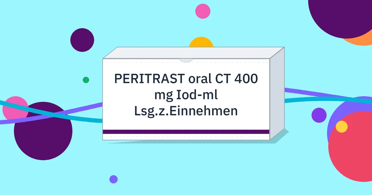 Symbolbild: Packung mit der Aufschrift PERITRAST oral CT 400 mg Iod-ml Lsg.z.Einnehmen (PZN 03020285) – Verfügbarkeit und Bezug in Apotheken in Frankfurt am Main