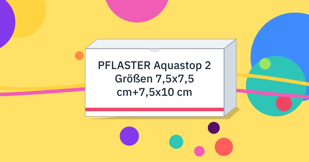 Symbolbild: Packung mit der Aufschrift PFLASTER Aquastop 2 Größen 7,5x7,5 cm+7,5x10 cm (PZN 07128186) – Verfügbarkeit und Bezug in Apotheken in Frankfurt am Main