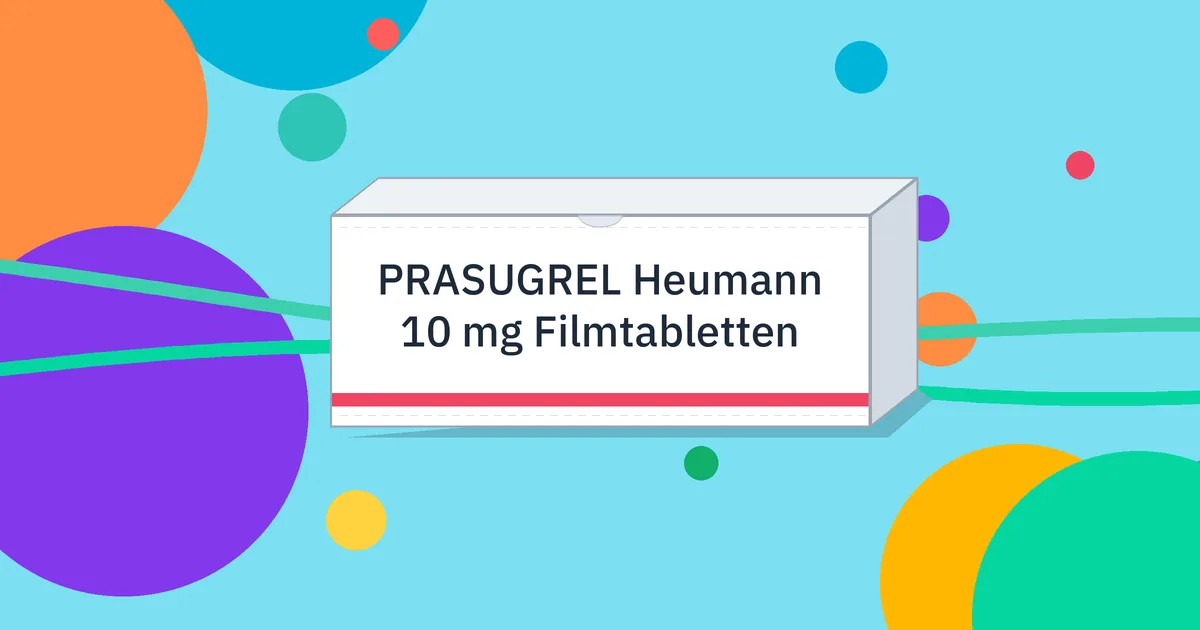 Symbolbild: Packung mit der Aufschrift PRASUGREL Heumann 10 mg Filmtabletten (PZN 13706457) – Verfügbarkeit und Bezug in Apotheken in Frankfurt am Main