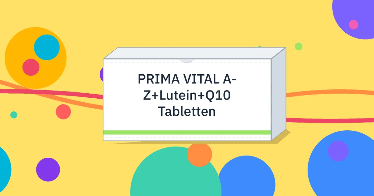 Symbolbild: Packung mit der Aufschrift PRIMA VITAL A-Z+Lutein+Q10 Tabletten (PZN 10332683) – Verfügbarkeit und Bezug in Apotheken in Frankfurt am Main
