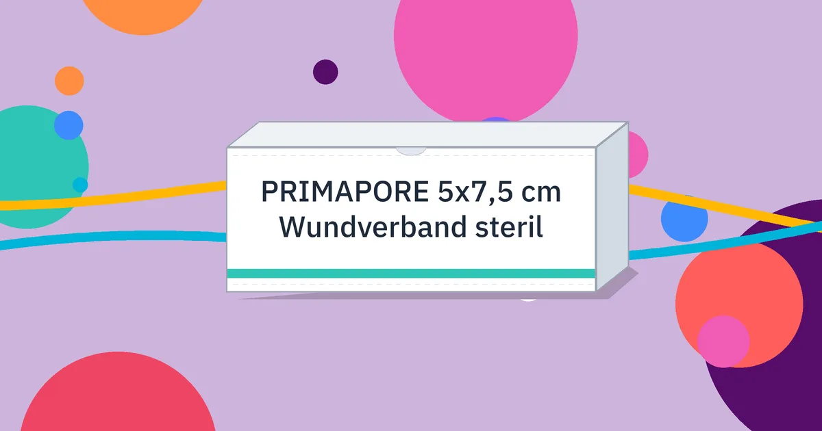 Symbolbild: Packung mit der Aufschrift PRIMAPORE 5x7,5 cm Wundverband steril (PZN 07478124) – Verfügbarkeit und Bezug in Apotheken in Frankfurt am Main