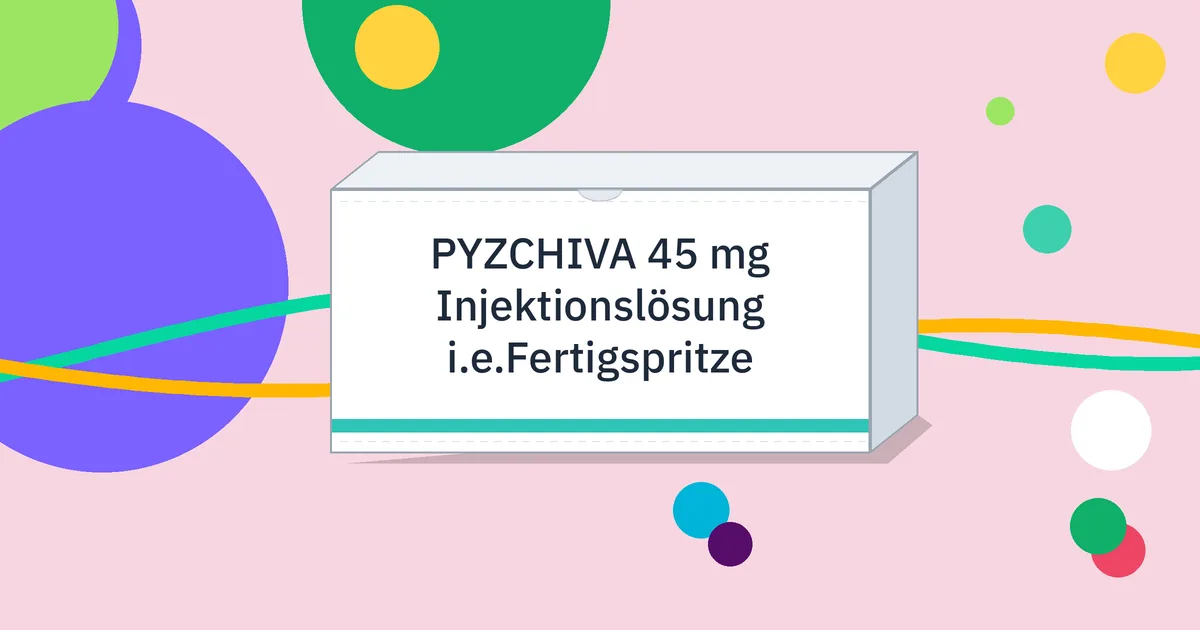 Symbolbild: Packung mit der Aufschrift PYZCHIVA 45 mg Injektionslösung i.e.Fertigspritze (PZN 19485632) – Verfügbarkeit und Bezug in Apotheken in Frankfurt am Main