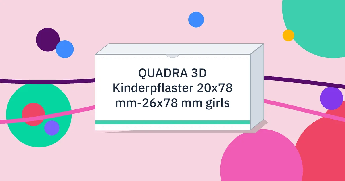 Symbolbild: Packung mit der Aufschrift QUADRA 3D Kinderpflaster 20x78 mm-26x78 mm girls (PZN 20047529) – Verfügbarkeit und Bezug in Apotheken in Frankfurt am Main