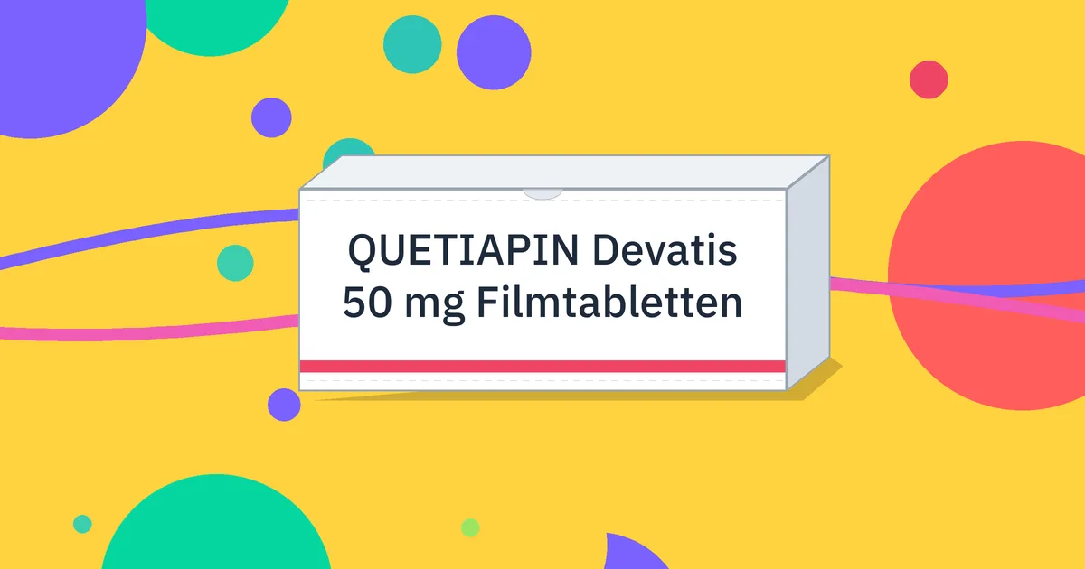 Symbolbild: Packung mit der Aufschrift QUETIAPIN Devatis 50 mg Filmtabletten (PZN 17235799) – Verfügbarkeit und Bezug in Apotheken in Frankfurt am Main