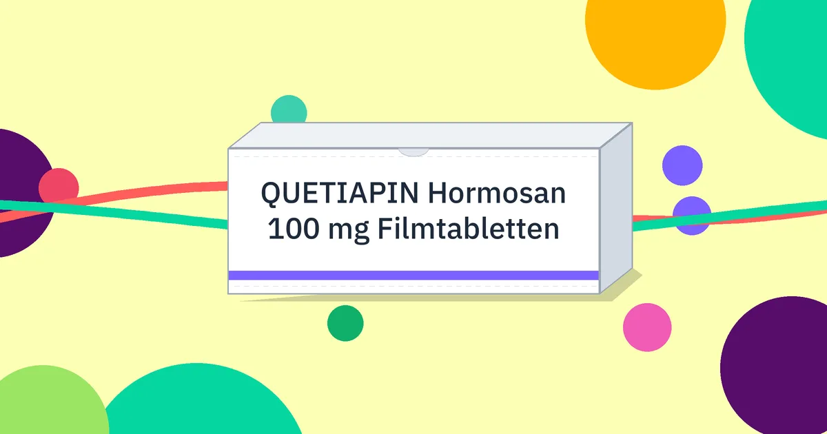 Symbolbild: Packung mit der Aufschrift QUETIAPIN Hormosan 100 mg Filmtabletten (PZN 09294552) – Verfügbarkeit und Bezug in Apotheken in Frankfurt am Main