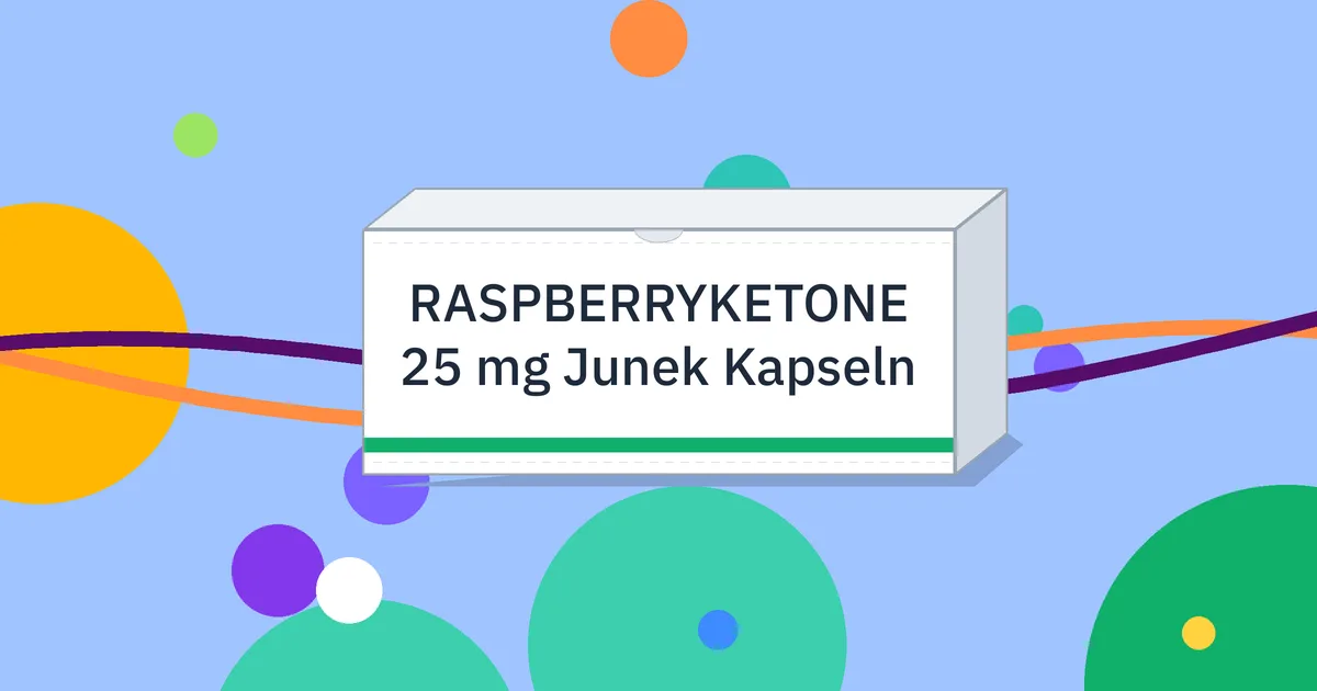 Symbolbild: Packung mit der Aufschrift RASPBERRYKETONE 25 mg Junek Kapseln (PZN 10977227) – Verfügbarkeit und Bezug in Apotheken in Frankfurt am Main