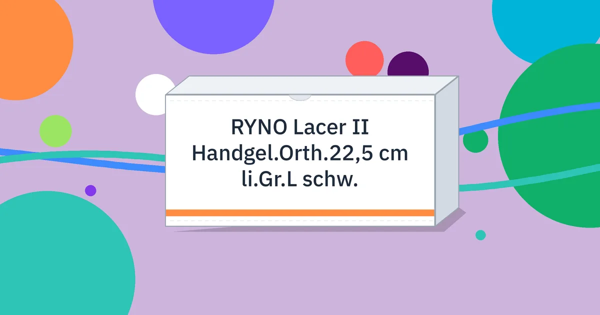 Symbolbild: Packung mit der Aufschrift RYNO Lacer II Handgel.Orth.22,5 cm li.Gr.L schw. (PZN 14048559) – Verfügbarkeit und Bezug in Apotheken in Frankfurt am Main