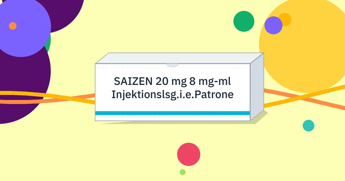 Symbolbild: Packung mit der Aufschrift SAIZEN 20 mg 8 mg-ml Injektionslsg.i.e.Patrone (PZN 19979736) – Verfügbarkeit und Bezug in Apotheken in Frankfurt am Main