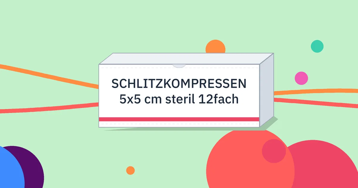 Symbolbild: Packung mit der Aufschrift SCHLITZKOMPRESSEN 5x5 cm steril 12fach (PZN 15436424) – Verfügbarkeit und Bezug in Apotheken in Frankfurt am Main