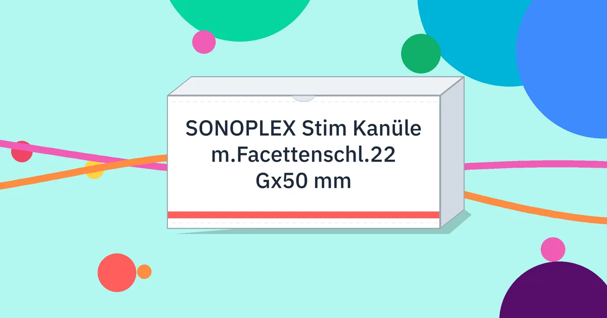 Symbolbild: Packung mit der Aufschrift SONOPLEX Stim Kanüle m.Facettenschl.22 Gx50 mm (PZN 03943558) – Verfügbarkeit und Bezug in Apotheken in Frankfurt am Main