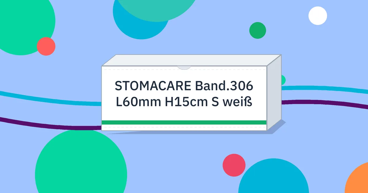 Symbolbild: Packung mit der Aufschrift STOMACARE Band.306 L60mm H15cm S weiß (PZN 09109075) – Verfügbarkeit und Bezug in Apotheken in Frankfurt am Main
