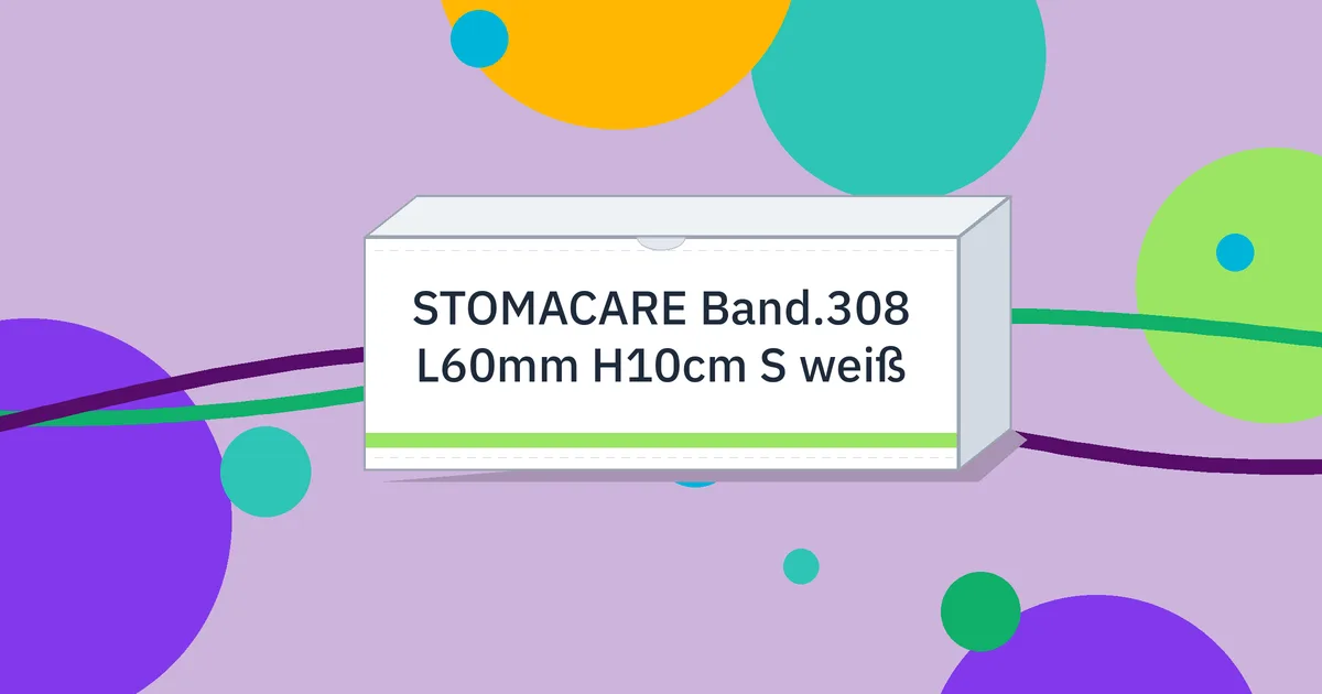 Symbolbild: Packung mit der Aufschrift STOMACARE Band.308 L60mm H10cm S weiß (PZN 09109046) – Verfügbarkeit und Bezug in Apotheken in Frankfurt am Main