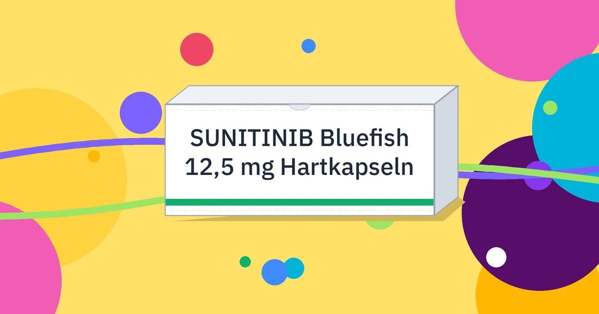 Symbolbild: Packung mit der Aufschrift SUNITINIB Bluefish 12,5 mg Hartkapseln (PZN 19213388) – Verfügbarkeit und Bezug in Apotheken in Frankfurt am Main