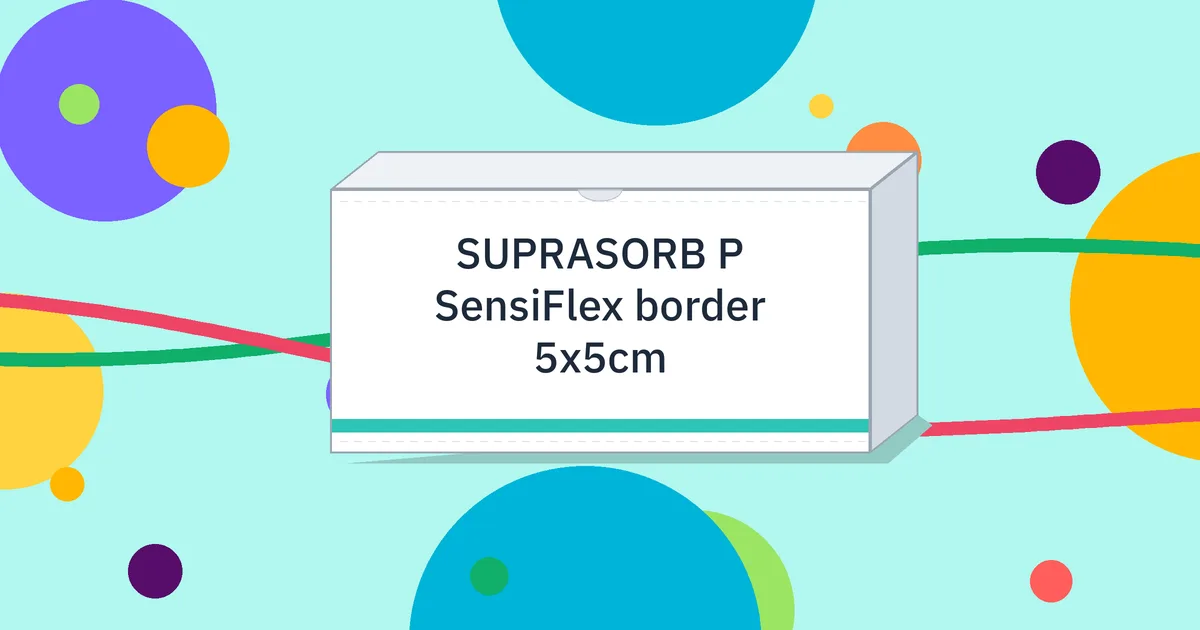 Symbolbild: Packung mit der Aufschrift SUPRASORB P SensiFlex border 5x5cm (PZN 20945429) – Verfügbarkeit und Bezug in Apotheken in Frankfurt am Main