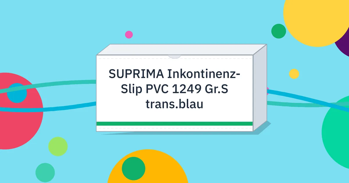 Symbolbild: Packung mit der Aufschrift SUPRIMA Inkontinenz-Slip PVC 1249 Gr.S trans.blau (PZN 02063364) – Verfügbarkeit und Bezug in Apotheken in Frankfurt am Main