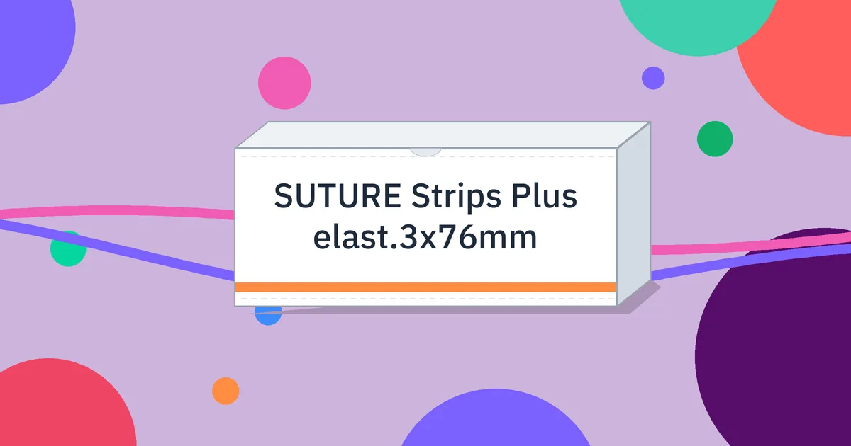 Symbolbild: Packung mit der Aufschrift SUTURE Strips Plus elast.3x76mm (PZN 00033749) – Verfügbarkeit und Bezug in Apotheken in Frankfurt am Main