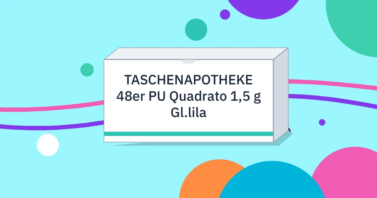 Symbolbild: Packung mit der Aufschrift TASCHENAPOTHEKE 48er PU Quadrato 1,5 g Gl.lila (PZN 00417355) – Verfügbarkeit und Bezug in Apotheken in Frankfurt am Main