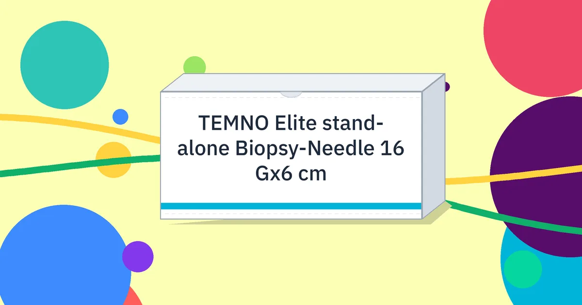 Symbolbild: Packung mit der Aufschrift TEMNO Elite stand-alone Biopsy-Needle 16 Gx6 cm (PZN 18765134) – Verfügbarkeit und Bezug in Apotheken in Frankfurt am Main