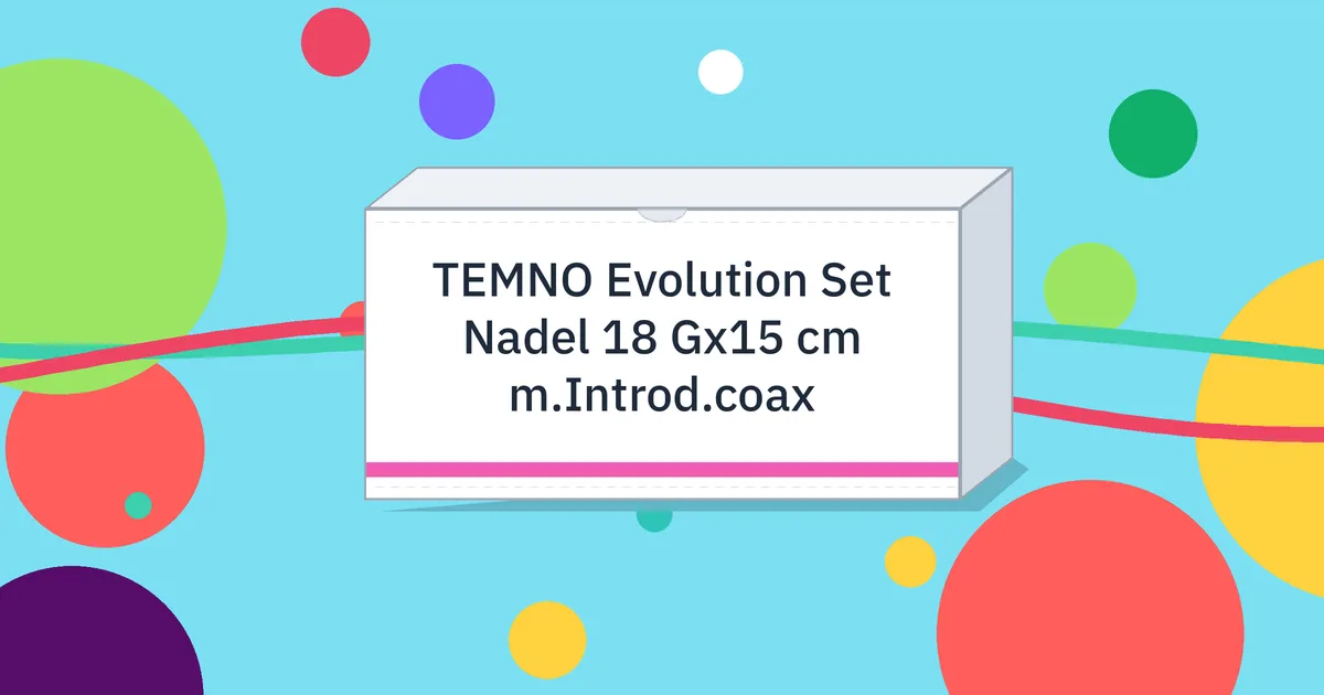 Symbolbild: Packung mit der Aufschrift TEMNO Evolution Set Nadel 18 Gx15 cm m.Introd.coax (PZN 18766062) – Verfügbarkeit und Bezug in Apotheken in Frankfurt am Main