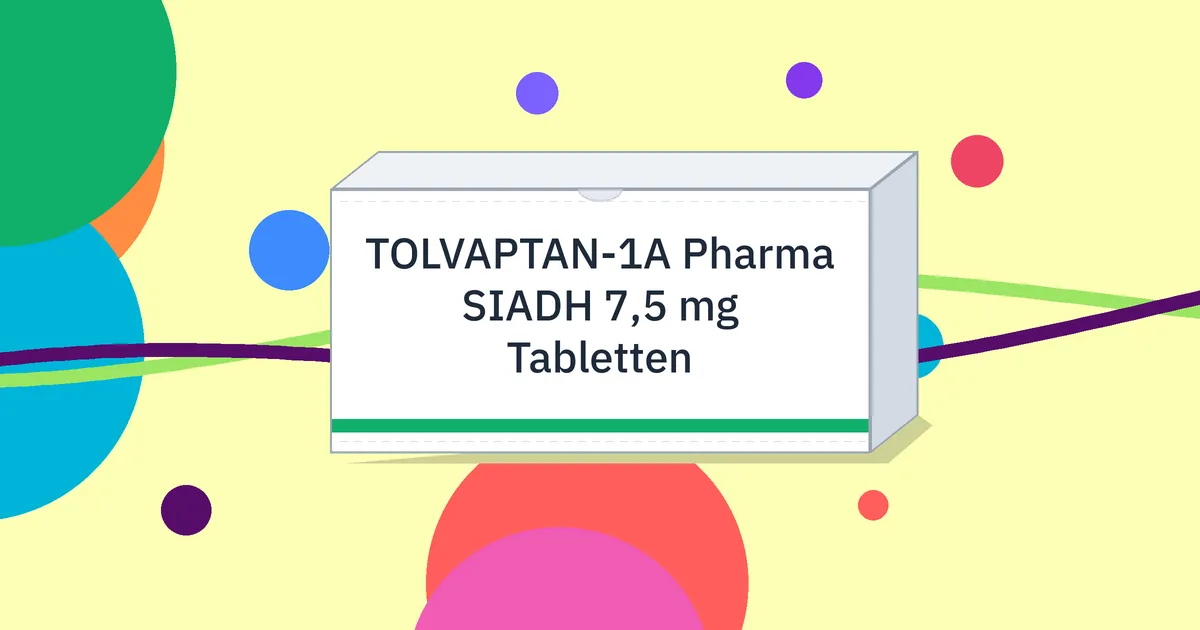 Symbolbild: Packung mit der Aufschrift TOLVAPTAN-1A Pharma SIADH 7,5 mg Tabletten (PZN 20046949) – Verfügbarkeit und Bezug in Apotheken in Frankfurt am Main