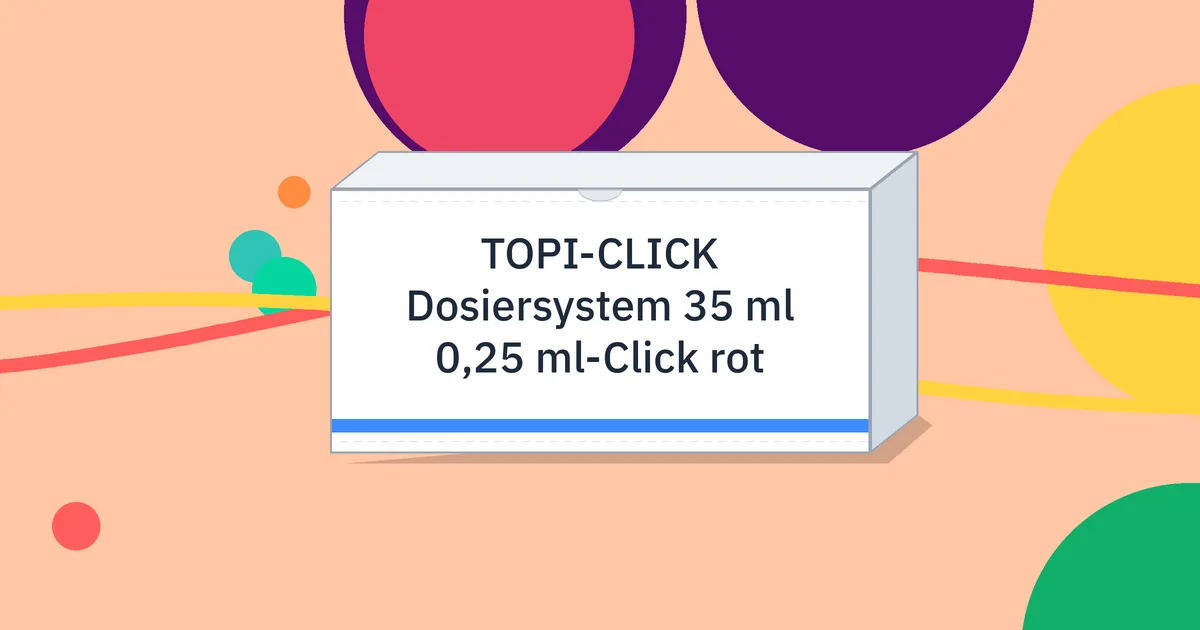 Symbolbild: Packung mit der Aufschrift TOPI-CLICK Dosiersystem 35 ml 0,25 ml-Click rot (PZN 16226918) – Verfügbarkeit und Bezug in Apotheken in Frankfurt am Main