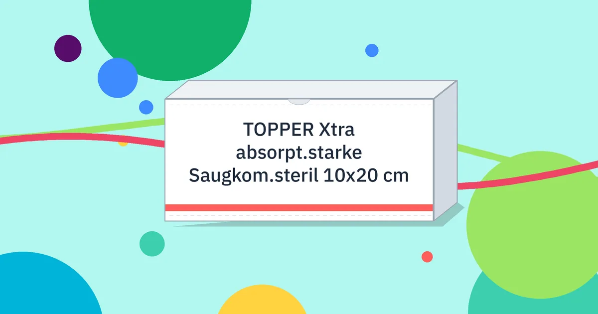 Symbolbild: Packung mit der Aufschrift TOPPER Xtra absorpt.starke Saugkom.steril 10x20 cm (PZN 05516866) – Verfügbarkeit und Bezug in Apotheken in Frankfurt am Main