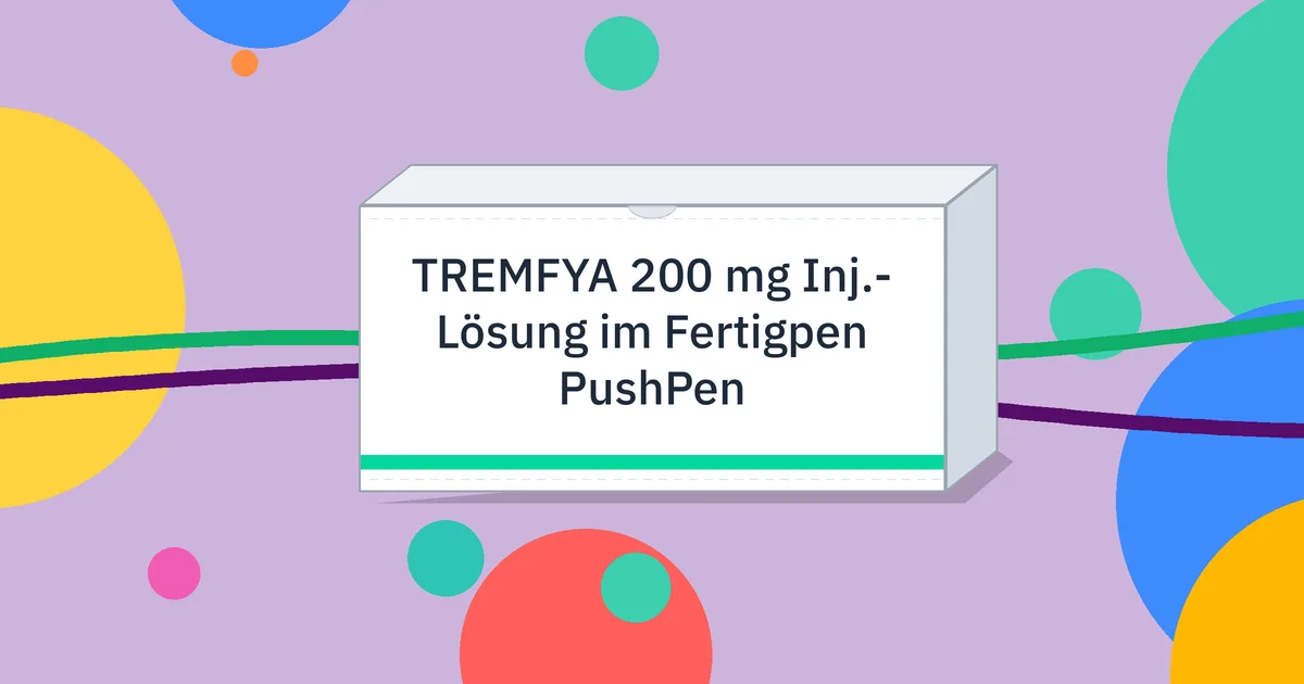 Symbolbild: Packung mit der Aufschrift TREMFYA 200 mg Inj.-Lösung im Fertigpen PushPen (PZN 20039197) – Verfügbarkeit und Bezug in Apotheken in Frankfurt am Main