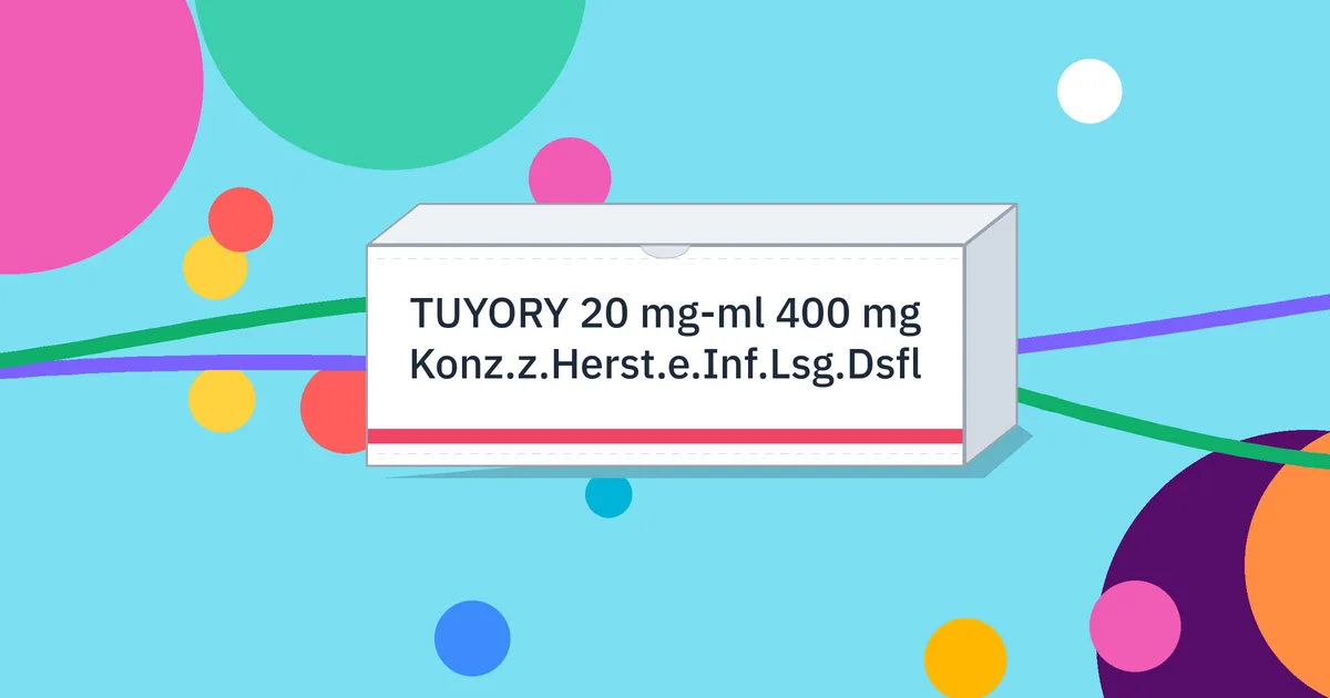 Symbolbild: Packung mit der Aufschrift TUYORY 20 mg-ml 400 mg Konz.z.Herst.e.Inf.Lsg.Dsfl (PZN 20634758) – Verfügbarkeit und Bezug in Apotheken in Frankfurt am Main