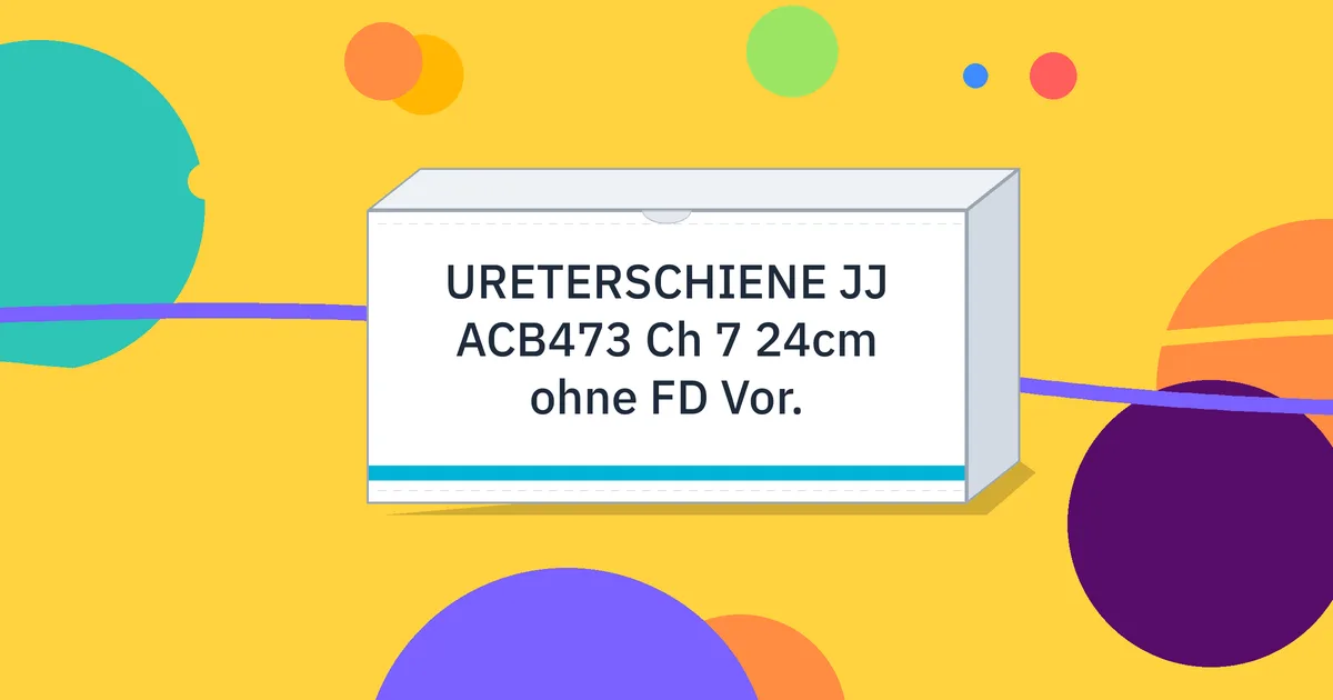 Symbolbild: Packung mit der Aufschrift URETERSCHIENE JJ ACB473 Ch 7 24cm ohne FD Vor. (PZN 00491802) – Verfügbarkeit und Bezug in Apotheken in Frankfurt am Main