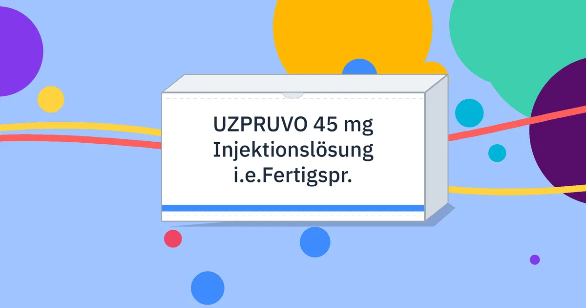 Symbolbild: Packung mit der Aufschrift UZPRUVO 45 mg Injektionslösung i.e.Fertigspr. (PZN 20210194) – Verfügbarkeit und Bezug in Apotheken in Frankfurt am Main
