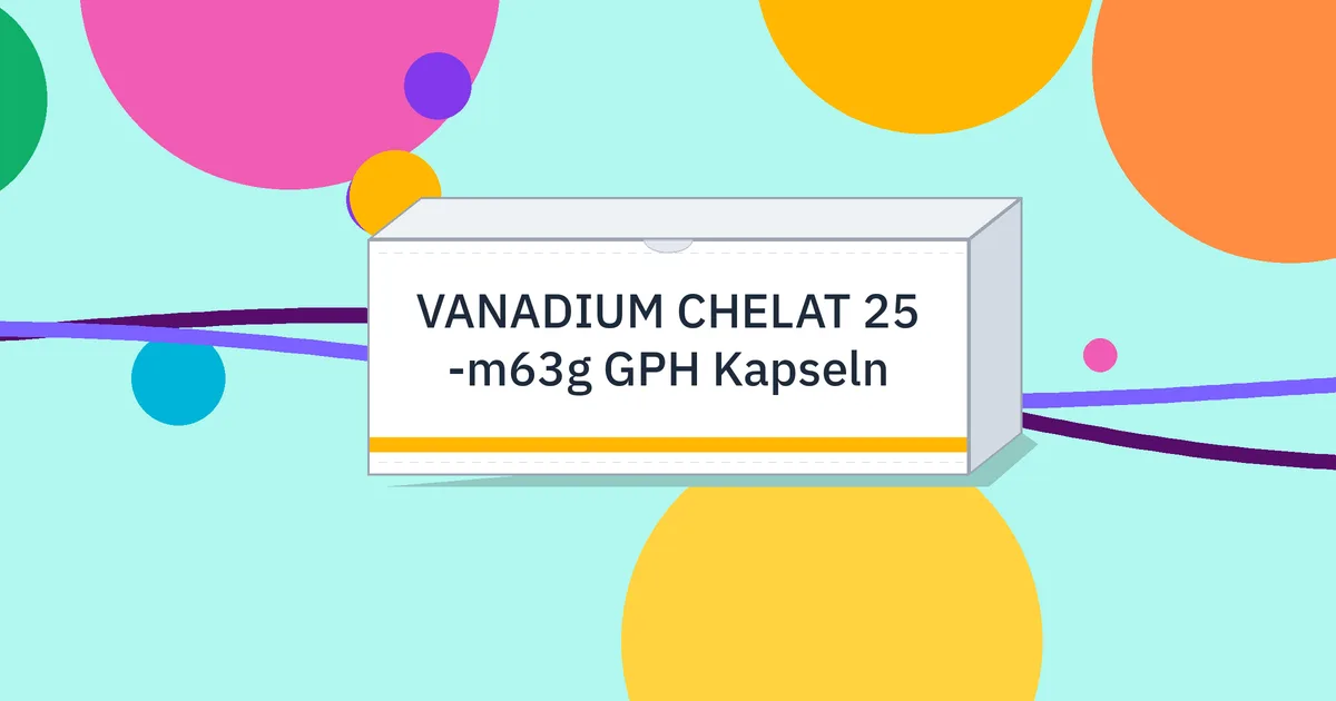 Symbolbild: Packung mit der Aufschrift VANADIUM CHELAT 25 -m63g GPH Kapseln (PZN 10556164) – Verfügbarkeit und Bezug in Apotheken in Frankfurt am Main