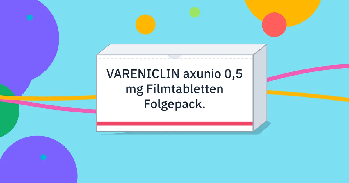 Symbolbild: Packung mit der Aufschrift VARENICLIN axunio 0,5 mg Filmtabletten Folgepack. (PZN 19725651) – Verfügbarkeit und Bezug in Apotheken in Frankfurt am Main