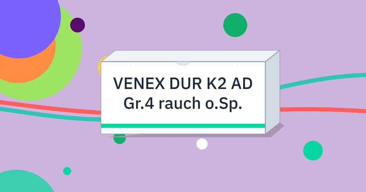 Symbolbild: Packung mit der Aufschrift VENEX DUR K2 AD Gr.4 rauch o.Sp. (PZN 03210927) – Verfügbarkeit und Bezug in Apotheken in Frankfurt am Main