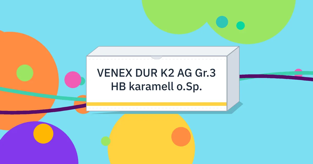 Symbolbild: Packung mit der Aufschrift VENEX DUR K2 AG Gr.3 HB karamell o.Sp. (PZN 13757839) – Verfügbarkeit und Bezug in Apotheken in Frankfurt am Main