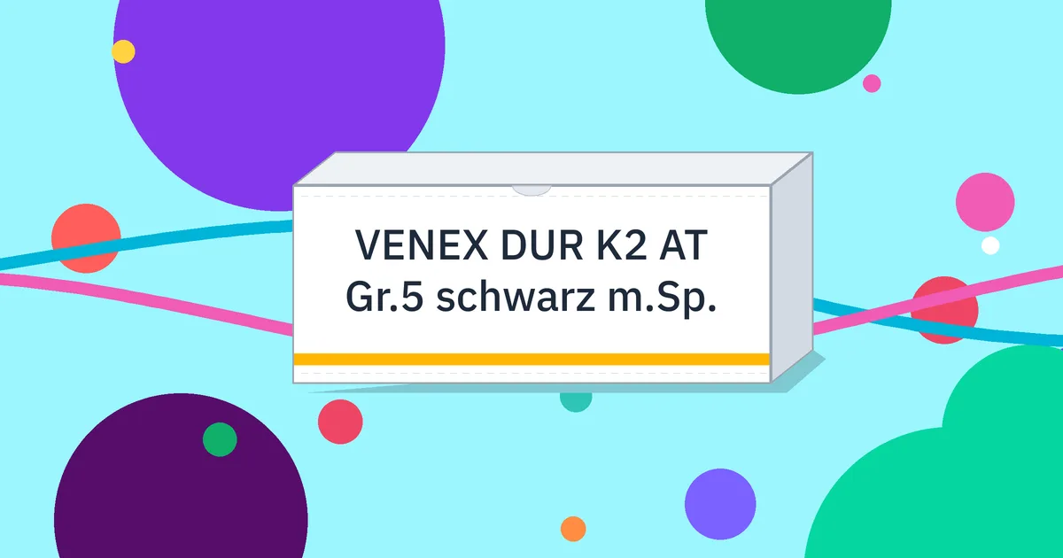 Symbolbild: Packung mit der Aufschrift VENEX DUR K2 AT Gr.5 schwarz m.Sp. (PZN 03222149) – Verfügbarkeit und Bezug in Apotheken in Frankfurt am Main