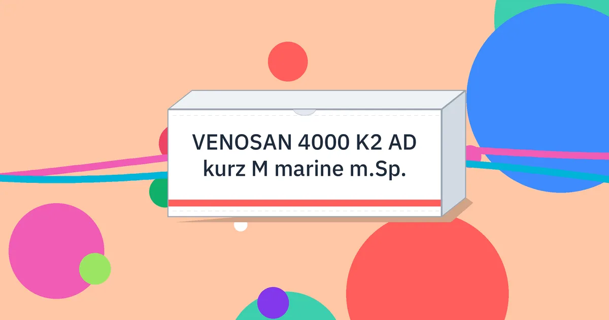Symbolbild: Packung mit der Aufschrift VENOSAN 4000 K2 AD kurz M marine m.Sp. (PZN 16602126) – Verfügbarkeit und Bezug in Apotheken in Frankfurt am Main