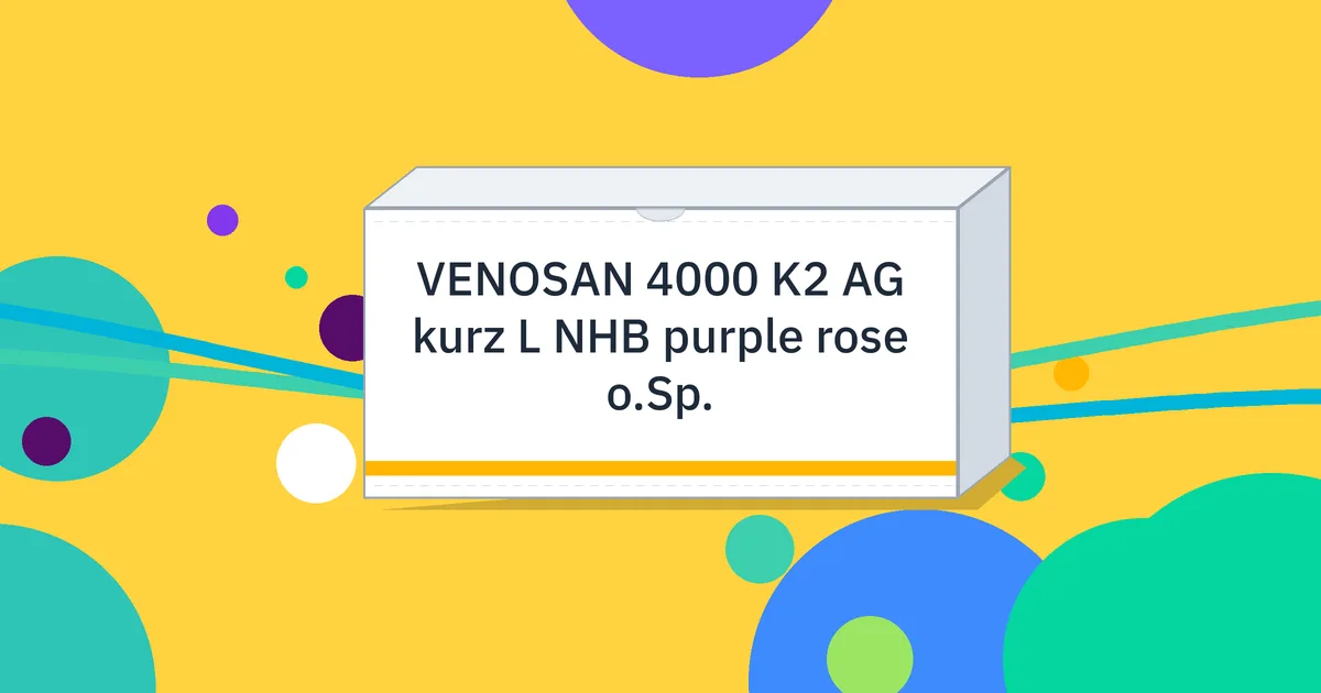 Symbolbild: Packung mit der Aufschrift VENOSAN 4000 K2 AG kurz L NHB purple rose o.Sp. (PZN 18848073) – Verfügbarkeit und Bezug in Apotheken in Frankfurt am Main