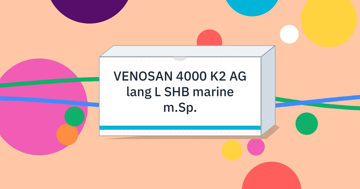 Symbolbild: Packung mit der Aufschrift VENOSAN 4000 K2 AG lang L SHB marine m.Sp. (PZN 16602178) – Verfügbarkeit und Bezug in Apotheken in Frankfurt am Main