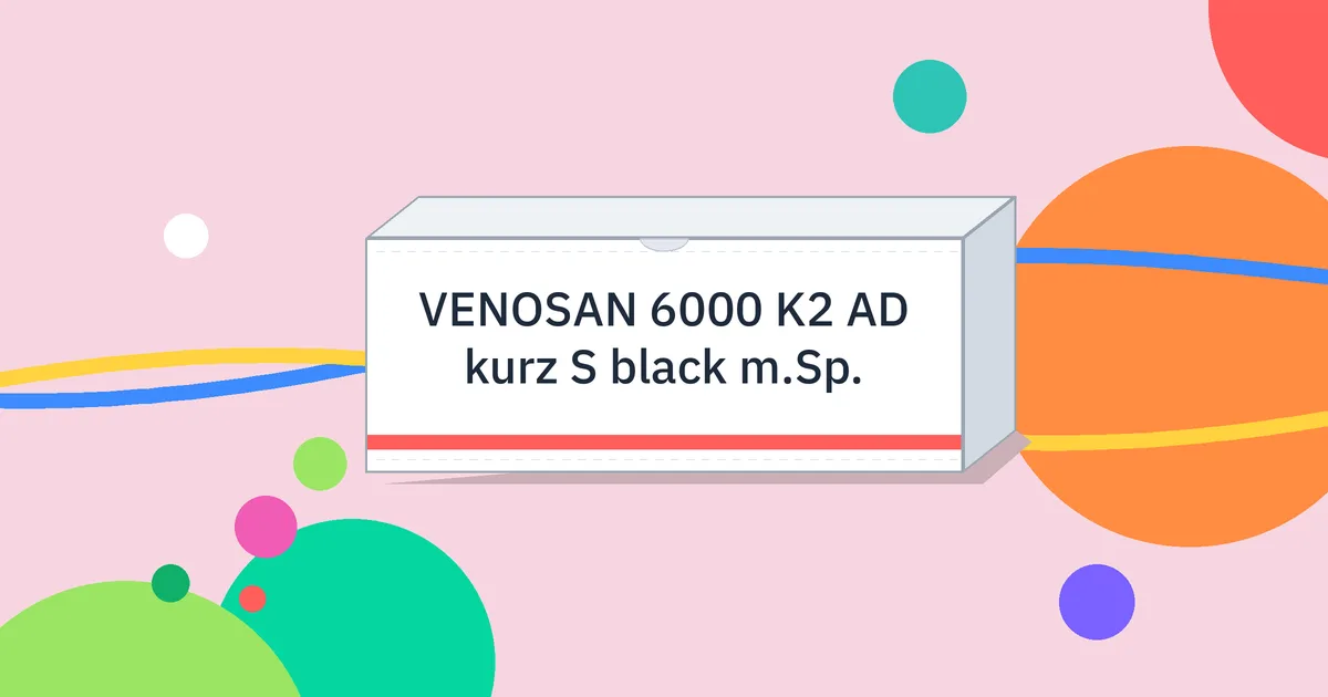 Symbolbild: Packung mit der Aufschrift VENOSAN 6000 K2 AD kurz S black m.Sp. (PZN 17172567) – Verfügbarkeit und Bezug in Apotheken in Frankfurt am Main