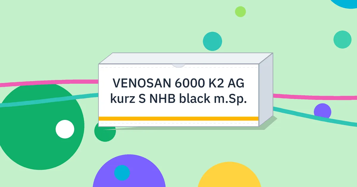 Symbolbild: Packung mit der Aufschrift VENOSAN 6000 K2 AG kurz S NHB black m.Sp. (PZN 17173058) – Verfügbarkeit und Bezug in Apotheken in Frankfurt am Main