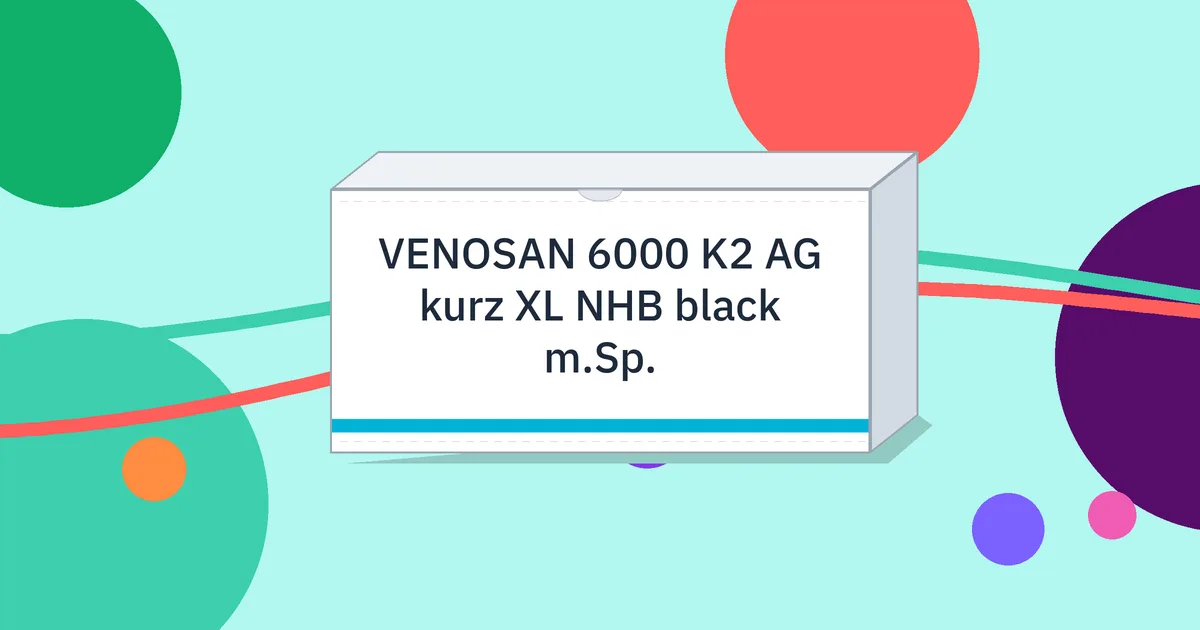 Symbolbild: Packung mit der Aufschrift VENOSAN 6000 K2 AG kurz XL NHB black m.Sp. (PZN 17173101) – Verfügbarkeit und Bezug in Apotheken in Frankfurt am Main