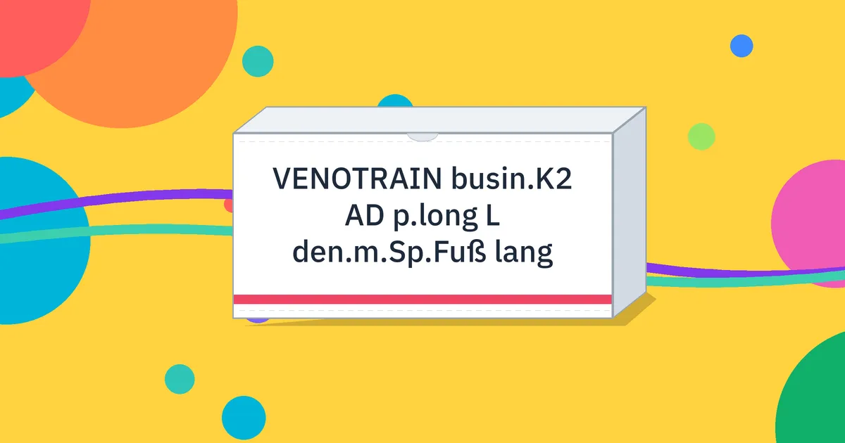 Symbolbild: Packung mit der Aufschrift VENOTRAIN busin.K2 AD p.long L den.m.Sp.Fuß lang (PZN 19057103) – Verfügbarkeit und Bezug in Apotheken in Frankfurt am Main