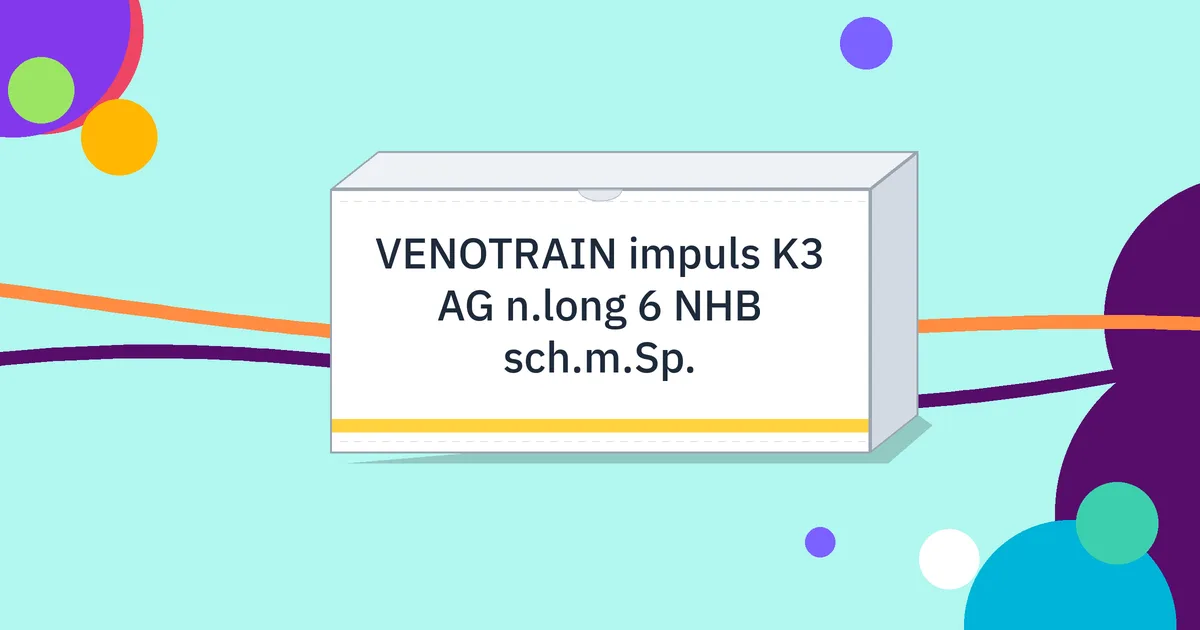 Symbolbild: Packung mit der Aufschrift VENOTRAIN impuls K3 AG n.long 6 NHB sch.m.Sp. (PZN 00522359) – Verfügbarkeit und Bezug in Apotheken in Frankfurt am Main