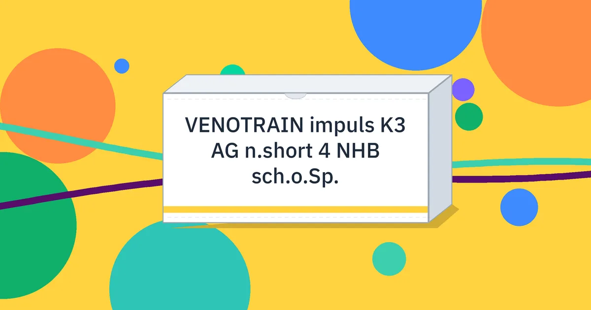 Symbolbild: Packung mit der Aufschrift VENOTRAIN impuls K3 AG n.short 4 NHB sch.o.Sp. (PZN 00538662) – Verfügbarkeit und Bezug in Apotheken in Frankfurt am Main