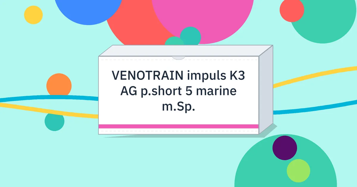 Symbolbild: Packung mit der Aufschrift VENOTRAIN impuls K3 AG p.short 5 marine m.Sp. (PZN 15213026) – Verfügbarkeit und Bezug in Apotheken in Frankfurt am Main
