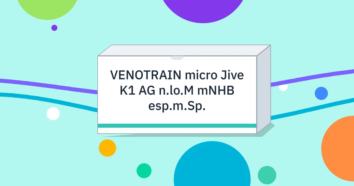 Symbolbild: Packung mit der Aufschrift VENOTRAIN micro Jive K1 AG n.lo.M mNHB esp.m.Sp. (PZN 17760235) – Verfügbarkeit und Bezug in Apotheken in Frankfurt am Main