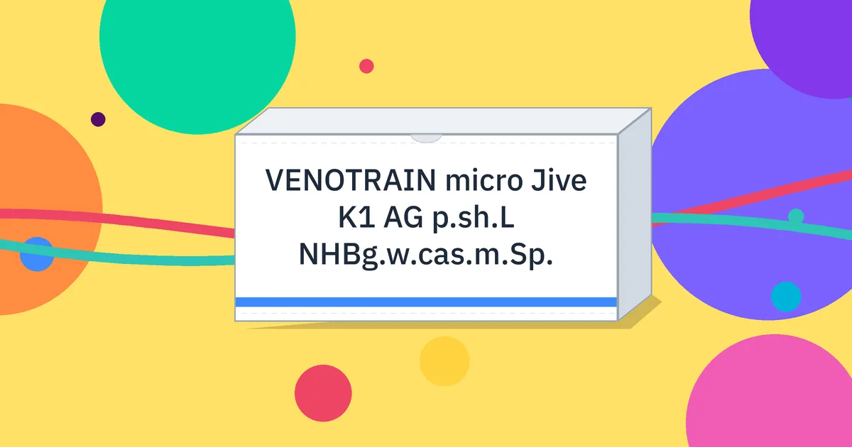 Symbolbild: Packung mit der Aufschrift VENOTRAIN micro Jive K1 AG p.sh.L NHBg.w.cas.m.Sp. (PZN 20767910) – Verfügbarkeit und Bezug in Apotheken in Frankfurt am Main